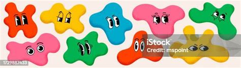 복고풍 만화 아메바 모양 재미있는 얼굴 그루비한 빈티지 30년대 60년대 70년대 미니멀리즘 얼굴과 추상적인 형태에 다양한 감정 0명에 대한 스톡 벡터 아트 및 기타 이미지