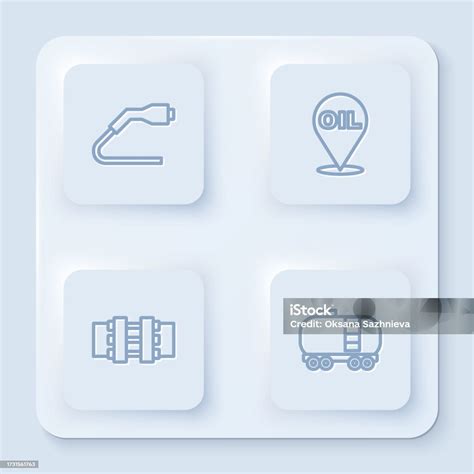 세트 라인 전기 케이블 플러그 충전 휘발유 연료 위치 보충 금속 파이프 및 밸브 및 오일 철도 탱크 흰색 사각형 버튼입니다 벡터 0명에 대한 스톡 벡터 아트 및 기타 이미지