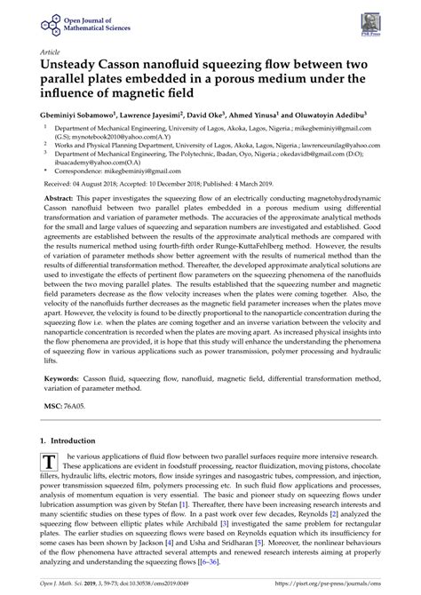 Pdf Unsteady Casson Nanofluid Squeezing Flow Between Two Parallel Plates Embedded In A Porous
