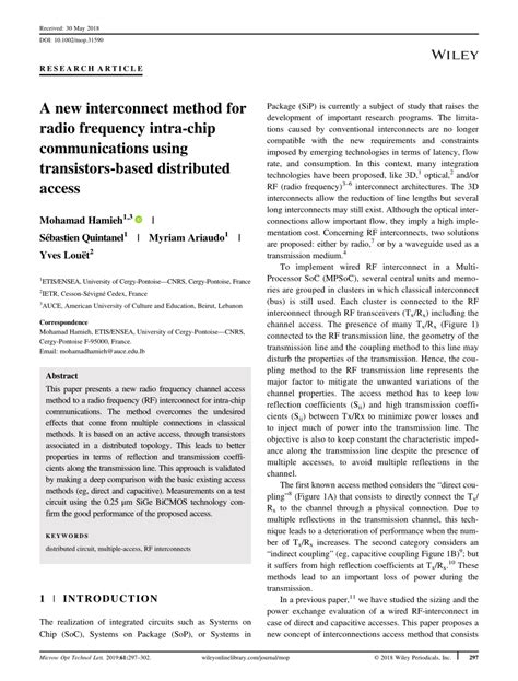 A New Interconnect Method For Radio Frequency Intra‐chip Communications Using Transistors‐based