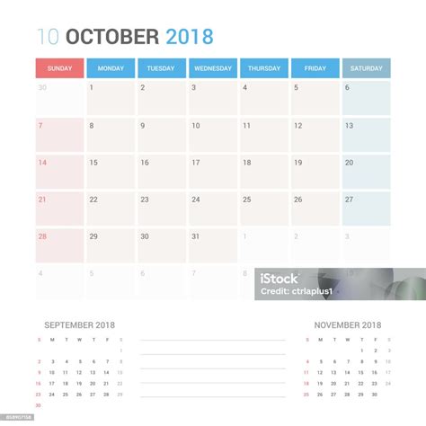 플래너 10 월 2018에 대 한 달력 디자인 서식 파일 고정 벡터 주 일요일을 시작 합니다 1월에 대한 스톡 벡터 아트 및 기타 이미지 Istock