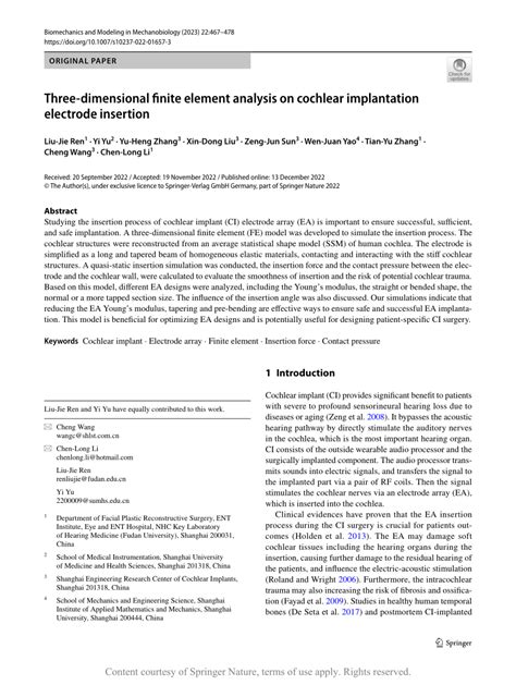 Three Dimensional Finite Element Analysis On Cochlear Implantation Electrode Insertion Request Pdf