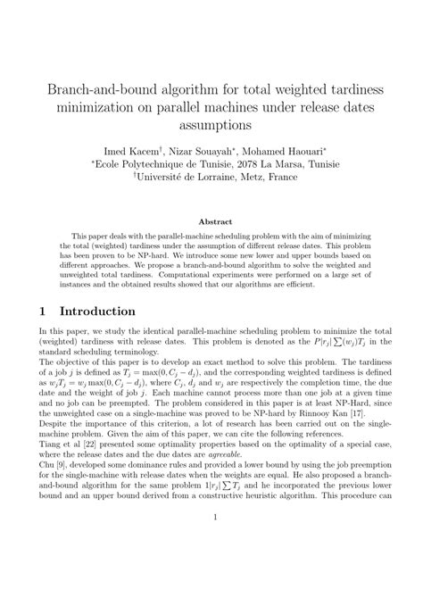 Pdf Branch And Bound Algorithm For Total Weighted Tardiness Minimization On Parallel Machines