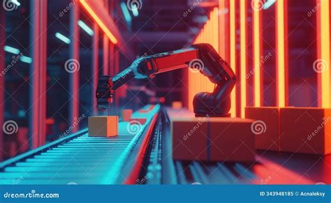 Robotic Arm Sorting Packages Onto Conveyor Belts In A Brightly Lit Warehouse Symbolizing