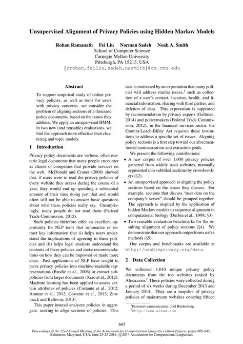 Pdf Unsupervised Alignment Of Privacy Policies Using Hidden Markov Models