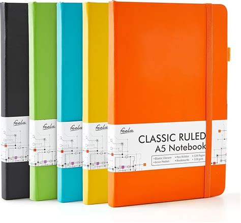 Feela 5 Pack A5 Notebooks Multipack Ruled Lined Notepads A5 120 Gsm Hardback Journal