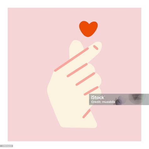 귀여운 로맨틱 한 손 작은 사랑 손가락 심장 제스처 한국어 기호 평면 벡터 일러스트 엽서 인사말 카드 아트 프린트 플라이어