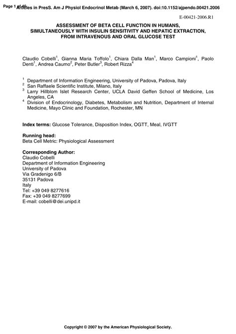 Pdf Assessment Of β Cell Function In Humans Simultaneously With