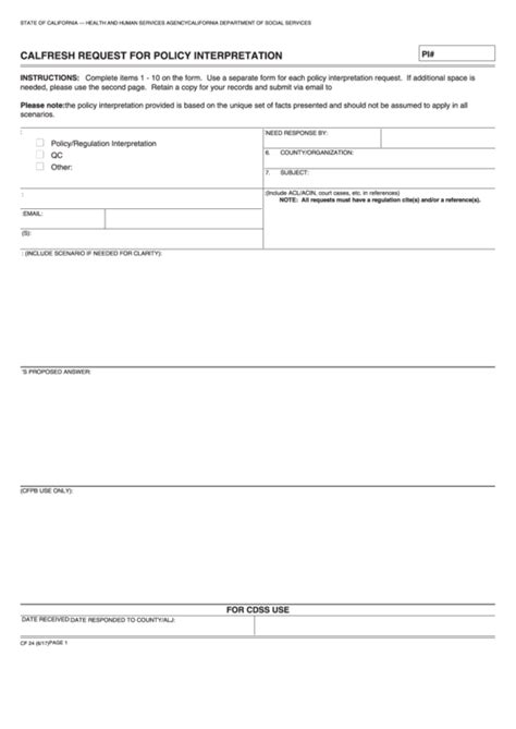 Fillable Form Cf 24 Calfresh Program Request For Policy Regulation Interpretation Printable