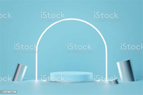 거친 배경에 빛나는 네온 빛이있는 파란색 실린더 연단 제품 또는 화장품 디스플레이 프로모션 받침대 모형 3d 렌더링 3차원 형태에 대한 스톡 사진 및 기타 이미지 Istock