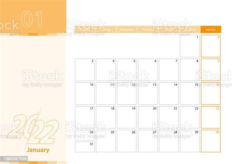 주황색 색 구성표의 2022년 1월 수평 플래너 주는 월요일에 시작됩니다 미니멀 한 스타일의 벽 달력 0명에 대한 스톡 벡터 아트 및 기타 이미지 Istock
