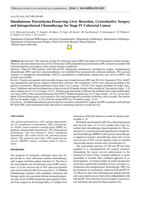 Pdf Simultaneous Parenchyma Preserving Liver Resection Cytoreductive
