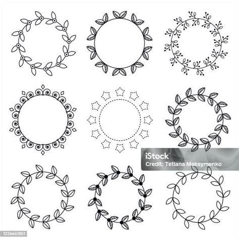 라인 아트 스타일의 둥근 꽃 프레임 나뭇잎 열매와 별의 화려한 테두리 장식 요소의 벡터 그림입니다 개체 그룹에 대한 스톡 벡터 아트 및 기타 이미지 Istock