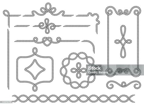 밧줄 다양한 장식 로프 요소 및 프레임 세트 격리된 검은색 윤곽선 곡선에 대한 스톡 벡터 아트 및 기타 이미지 곡선 곧은 다양 Istock