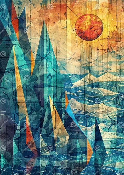 Abstract Geometric Art With Vibrant Colors And Sun Motif Modern Digital Illustration Stock