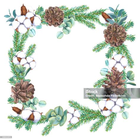 수채화 크리스마스 나무 가지 솔방울 유칼립투스 면화 덩어리가 있는 프레임 새해 초대장에 대 한 템플릿의 손으로 그린 그림 고립 된 배경에 가문비 나무 나뭇 가지와 테두리 0