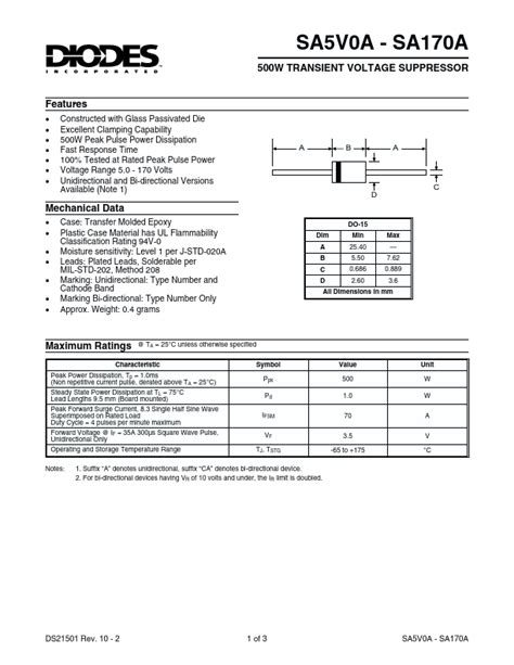 Sa110a Datasheet Sa110a Diodesincorporated Pdf 500w Transient