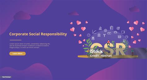 Csr 기업 사회적 책임 개념 큰 텍스트 와 사람들 용 웹사이트 템플릿 배너 디자인 현대 보라색 색상 벡터 개념에 대한 스톡