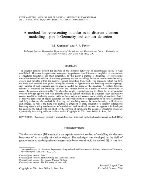 PDF A Method For Representing Boundaries In Discrete Element Modelling Part I Geometry And