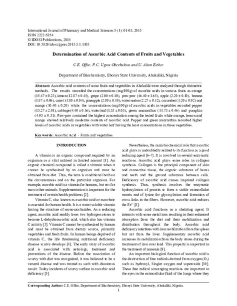 Pdf Determination Of Ascorbic Acid Contents Of Fruits And Vegetables