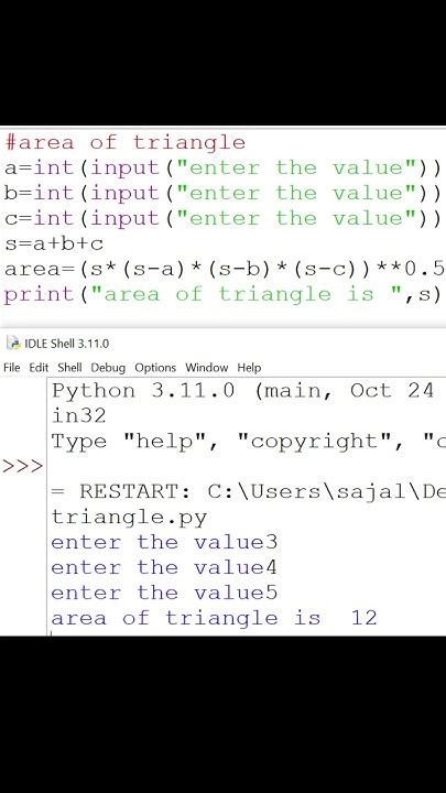 Area Of A Triangle In Python Shorts Python Pythonbasics Youtube