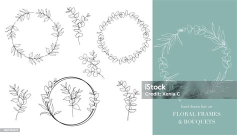유칼립투스 선화 흑백 꽃 프레임 플로럴 라인 아트 파인 라인 유칼립투스 그림입니다 손으로 그린 윤곽 녹지입니다 식물 색칠 공부 페이지 청첩장 꽃 결혼식에 대한 스톡 벡터
