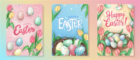 튤립 꽃 파스텔 색상의 둥지에 그려진 부활절 달걀과 부활절 인사말 카드 세트 0명에 대한 스톡 벡터 아트 및 기타 이미지 0명 3차원 형태 Easter Monday