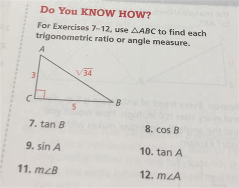 solved do you know how for exercises 7 12 use abc to find each trigonometric ratio or angle