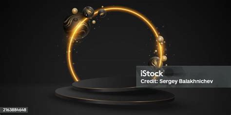 쇼를 위한 공중 부양 3d 까만 주춧대는 당신의 제품 황금빛 줄무늬 패턴으로 질감을 가진 역동적인 구체가 있는 반짝이는 둥근 네온 아크 벡터 3차원 형태에 대한 스톡 벡터