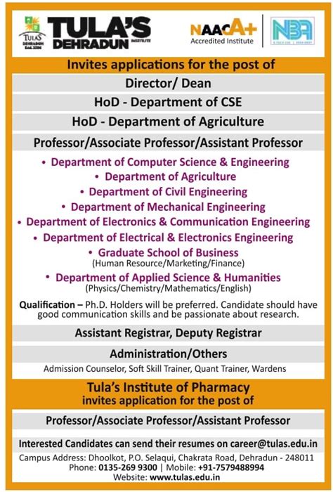 Tulas Institute Dehradun Wanted Teaching And Non Teaching Faculty Blog