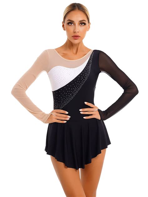 Doomiva Women Long Sleeves Shiny Rhinestone Mesh Patchwork Lyrical