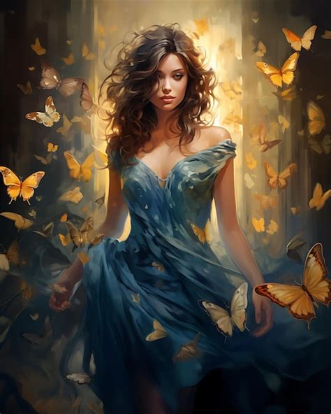Girl In Blue Dress Walking With Butterflies Premium Ai Generated Image