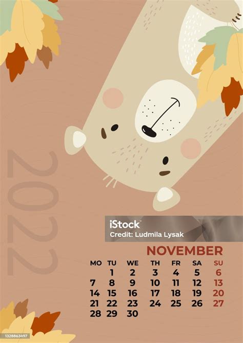 곰 달력 2022년 11월 단풍이 있는 귀여운 곰 플랫 스타일로 벡터 그림입니다 세로 템플릿입니다 월요일부터 매주 설계 및 인쇄용 문구류 11월에 대한 스톡 벡터 아트 및