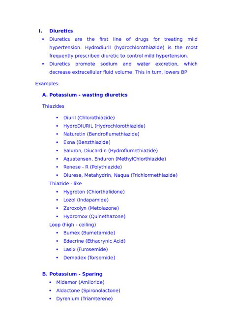 Examples Of Diuretics Medications Lecture Notes Nursing Docsity