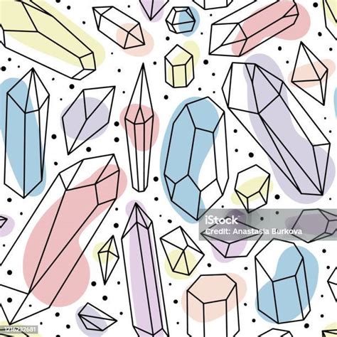 손으로 그린 라인 크리스탈과 내부의 컬러 요소와 원활한 패턴 마법 요소의 일러스트레이션 결정체에 대한 스톡 벡터 아트 및 기타 이미지 결정체 곡선 귀한 보석 Istock