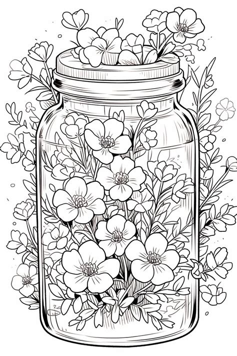 Premium Photo A Jar Filled With Flowers And Leaves Coloring Pages