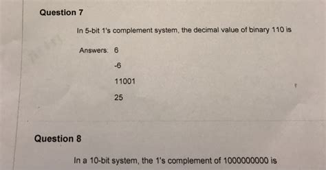 Solved In 5 Bit 1s Complement System The Decimal Value Of