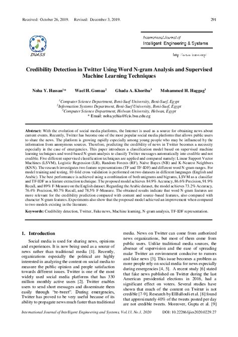 Pdf Credibility Detection In Twitter Using Word N Gram Analysis And Supervised Machine