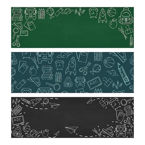 학교 아이콘으로 돌아가기 녹색 또는 칠판 배경 학교 사무용품 낙서 아이콘 및 분필 비문 심플한 디자인 배너 포스터 템플릿 플랫