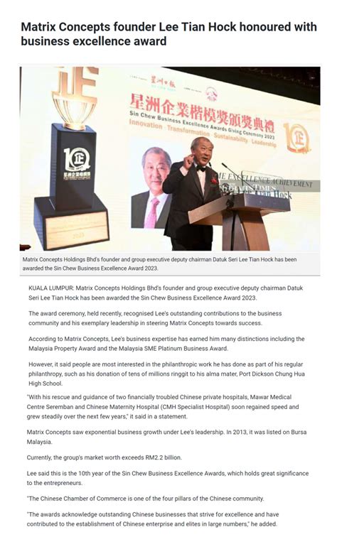 New Straits Times 27 March 2024 Matrix Concepts Founder Lee Tian Hock Honoured With