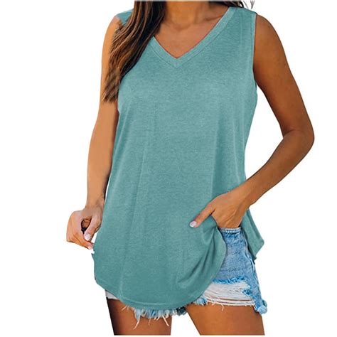 Wcmzj Tank Top For Women V Neck Basic Solid Color Casual Flowy Summer Side Split Sleeveless Tank