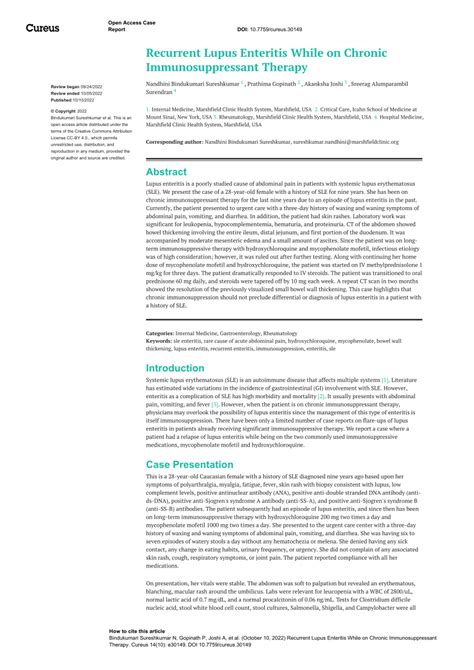 Pdf Recurrent Lupus Enteritis While On Chronic Immunosuppressant Therapy