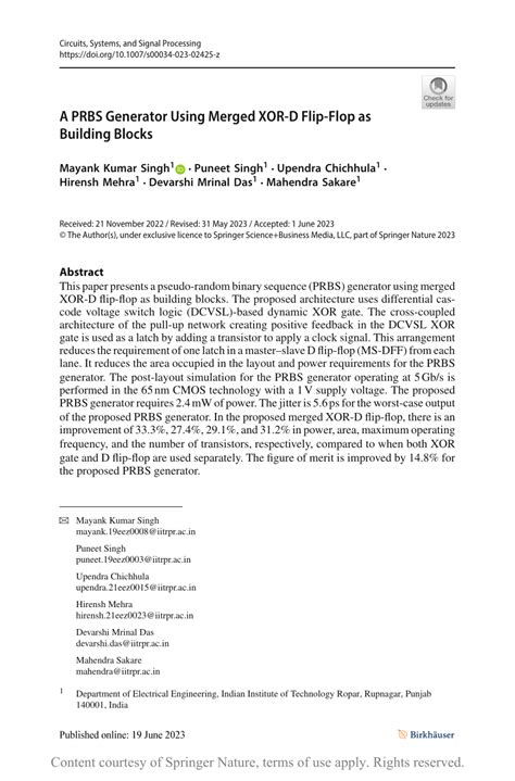 A Prbs Generator Using Merged Xor D Flip Flop As Building Blocks Request Pdf