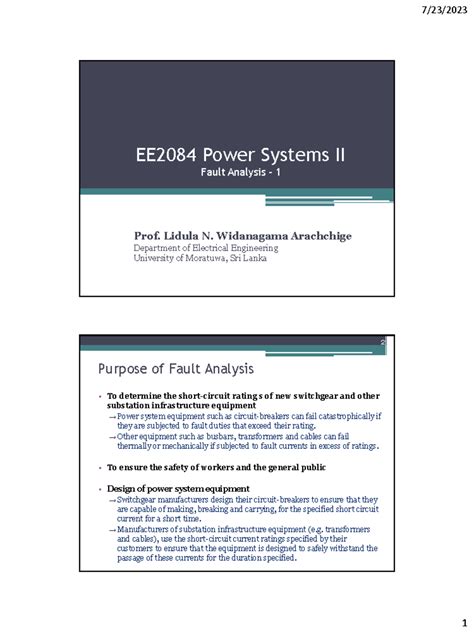Fault Analysis 1 EE2084 Power Systems II Fault Analysis 1 Prof Lidula N Widanagama