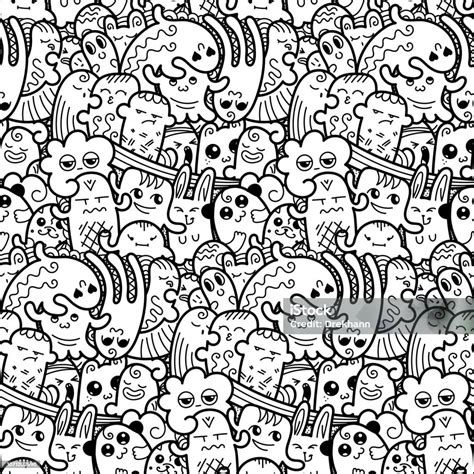 재미 있는 낙서 괴물 완벽 한 패턴 인쇄 디자인 및 색칠 하기 책 0명에 대한 스톡 벡터 아트 및 기타 이미지 0명 귀여운 낙서 드로잉 Istock