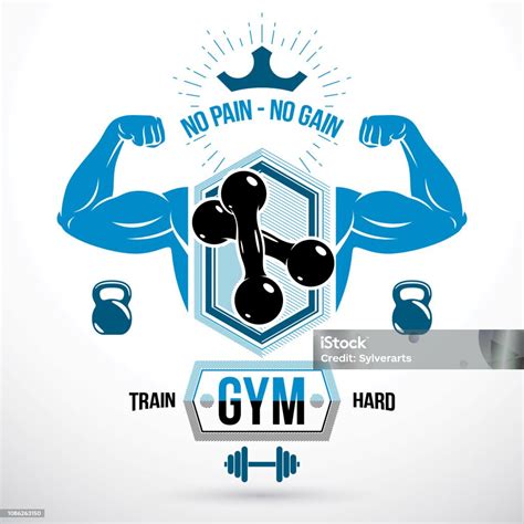 강한 선수 팔 뚝 팔 벙어리 벨과 주전자 벨 스포츠 장비를 사용 하 여 만든 그래픽 벡터 기호 역도 체육관 및 피트 니스 클럽