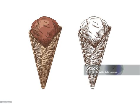 손으로 그린 컬러 및 흑백 스케치 세트와 냉동 요구르트 또는 아이스크림을 곁들인 와플 콘 빈티지 일러스트입니다 라벨 포장 및 엽서의 요소 고풍스런에 대한 스톡 벡터 아트 및