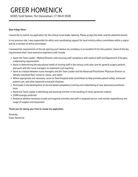 Clinical Nurse Leader Cover Letter Velvet Jobs