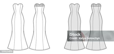 스트랩리스 연인 네크라인 몸에 맞는 바디 맥시 길이 원형 스커트가 돋보이게 하는 트럼펫 테크니컬 패션 일러스트 0명에 대한 스톡