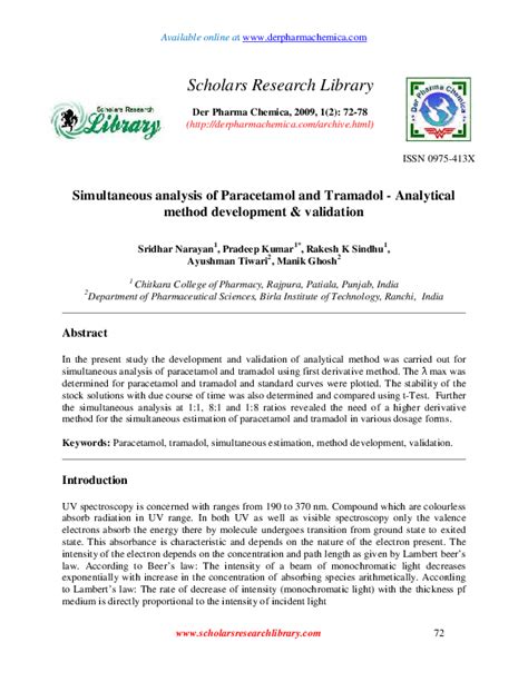 Pdf Simultaneous Analysis Of Paracetamol And Tramadol Analytical Method Development And Validation